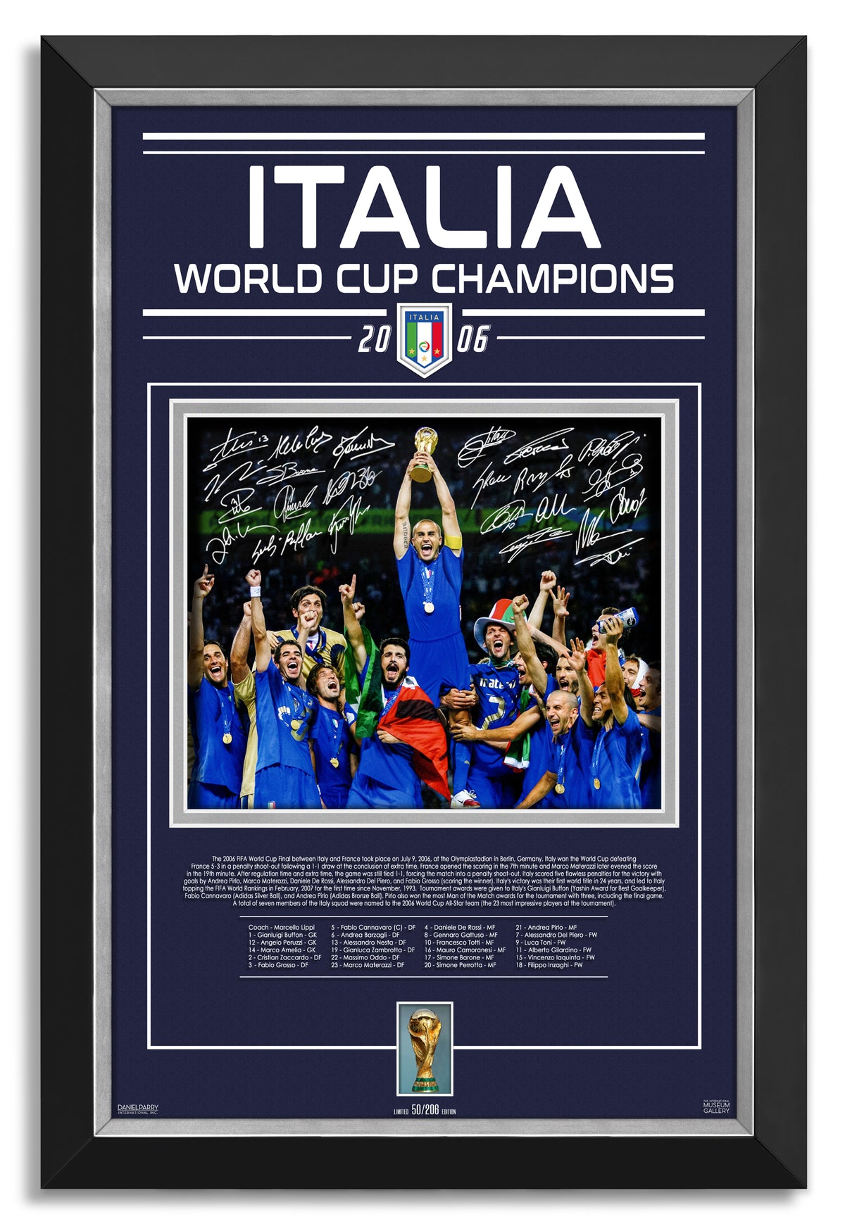 Italy World Cup 2006 Champions Team Facsimile Signed - Archival Etched ...